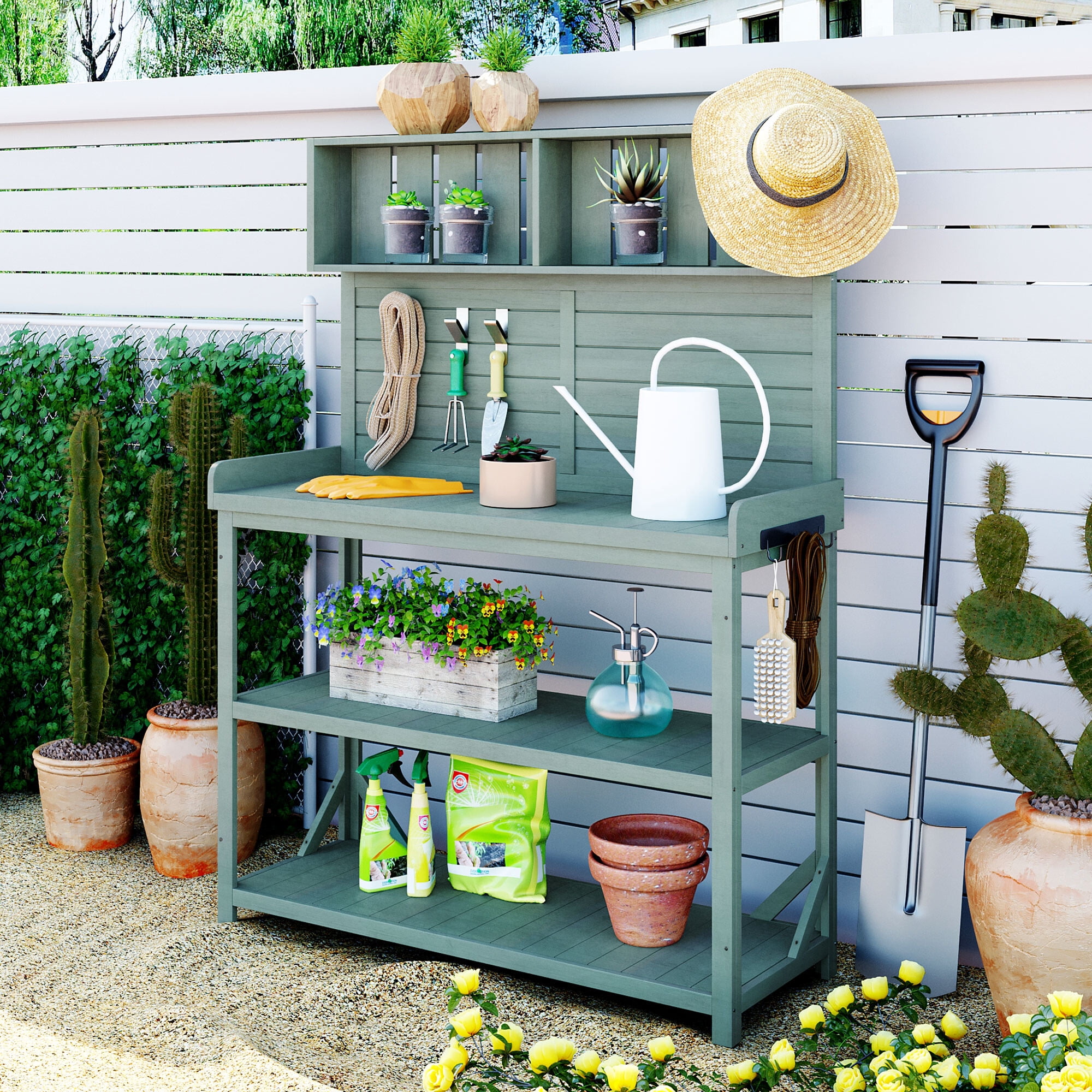 DreamBuck Potting Bench Table with 4 Storage Shelves and Side Hook, 65 ...