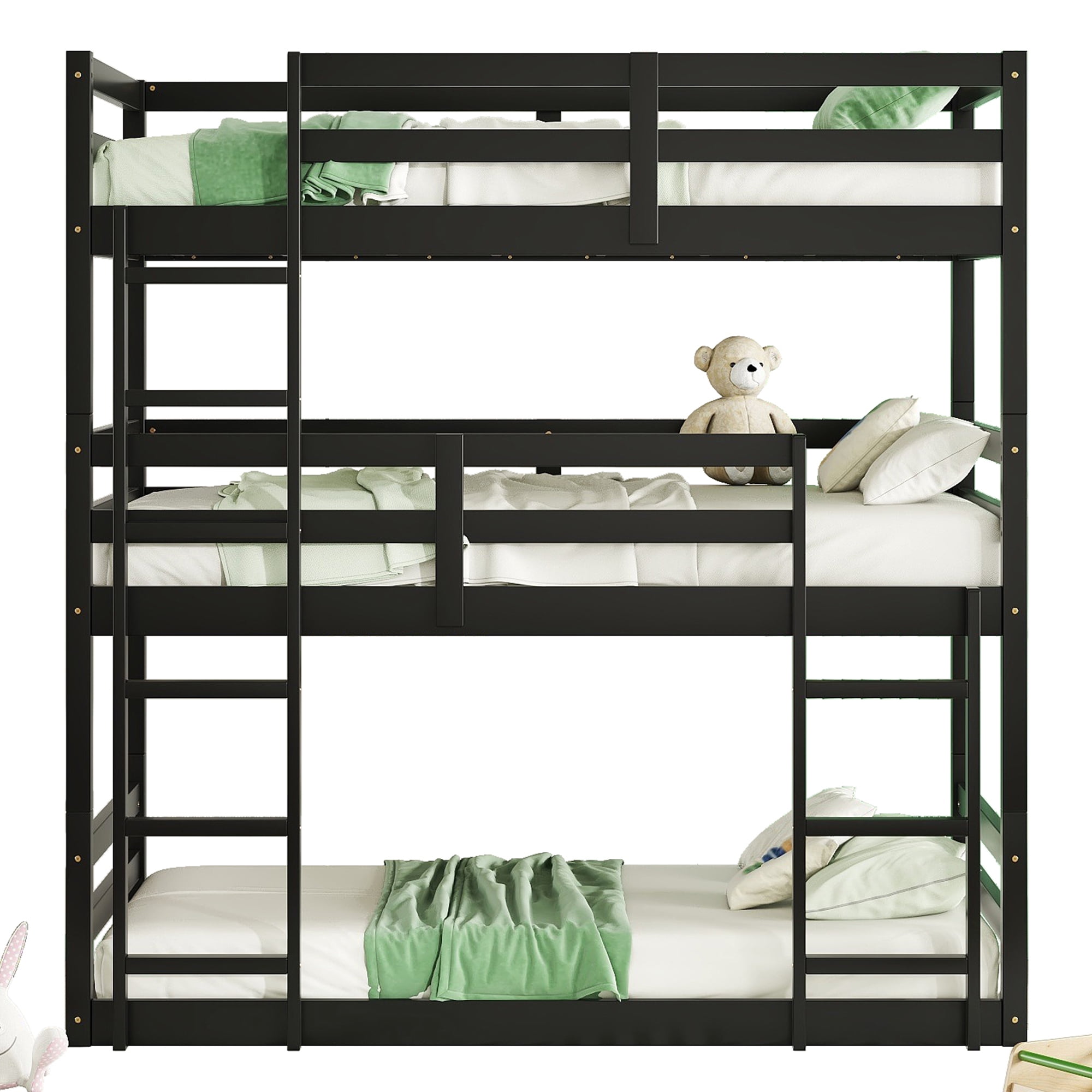 DreamBuck Triple Rubber Wood Bunk Bed with Two Built-in Ladders ...