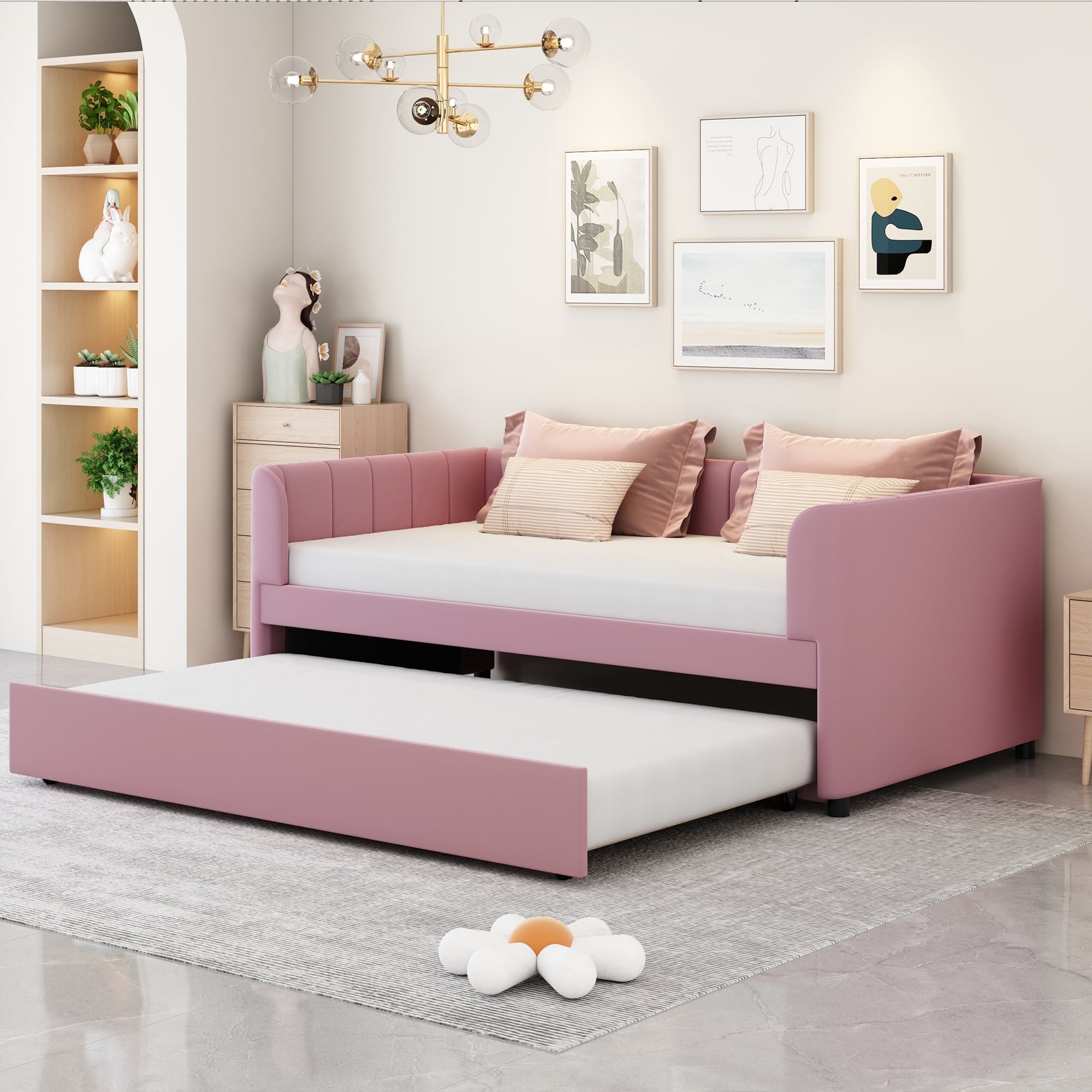 DreamBuck Twin Size Daybed with Trundle, Velvet Upholstered Daybed with ...