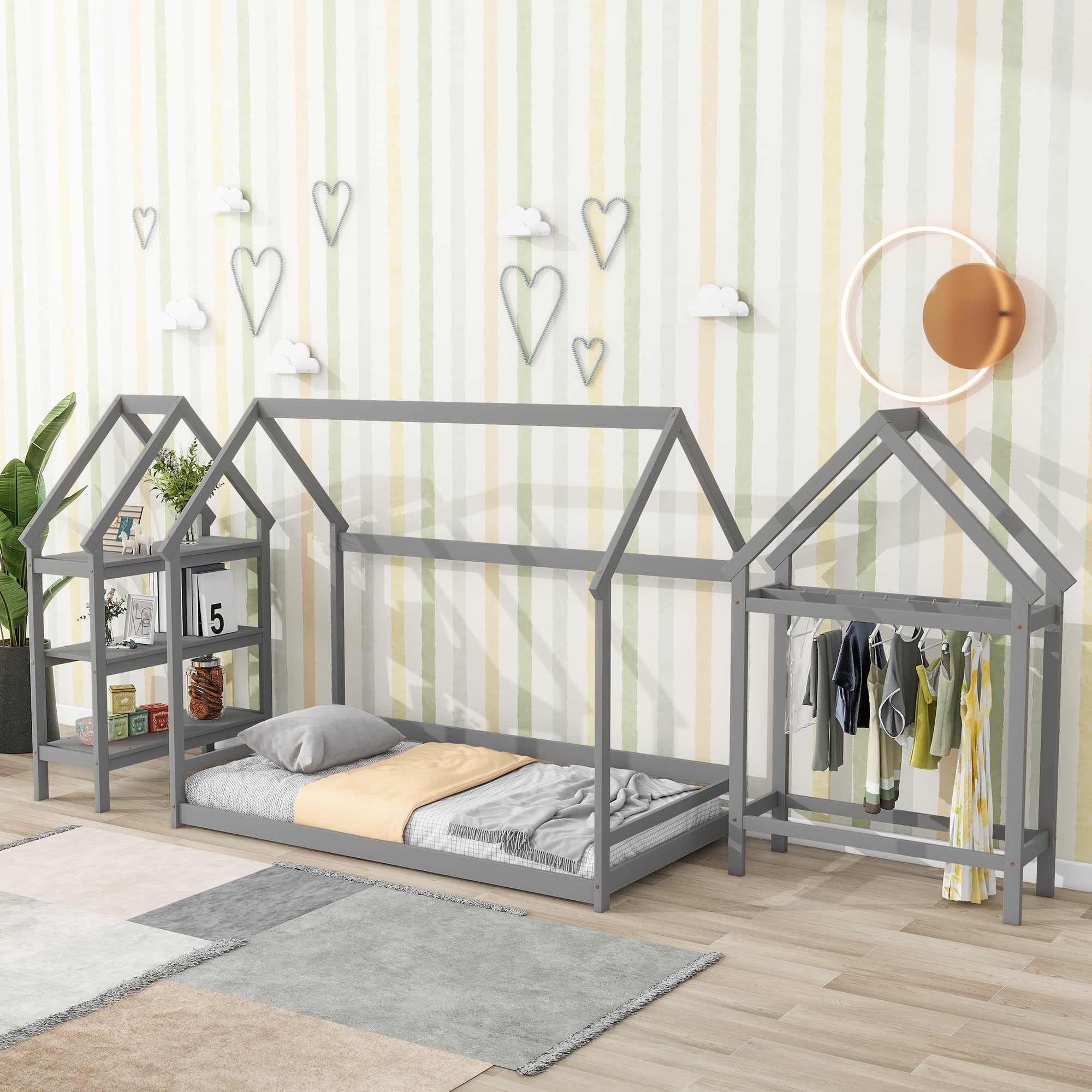 DreamBuck Twin Size House Bed Frame with Storage Shelf and Clothes ...