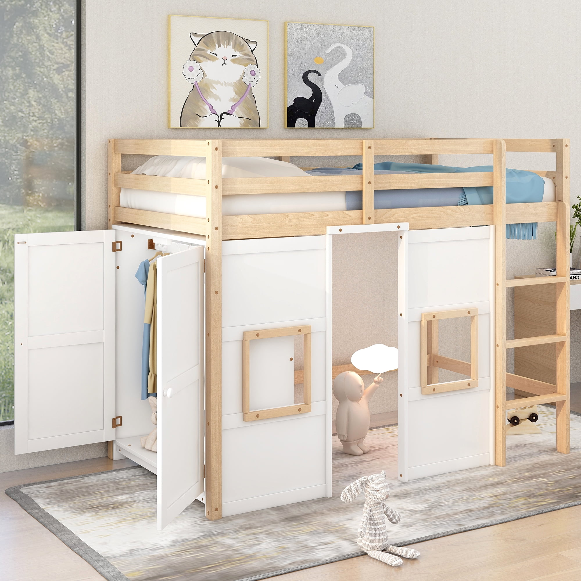 DreamBuck Twin Size Loft Bed, Wood Twin Loft Bed Frame with Built-in ...