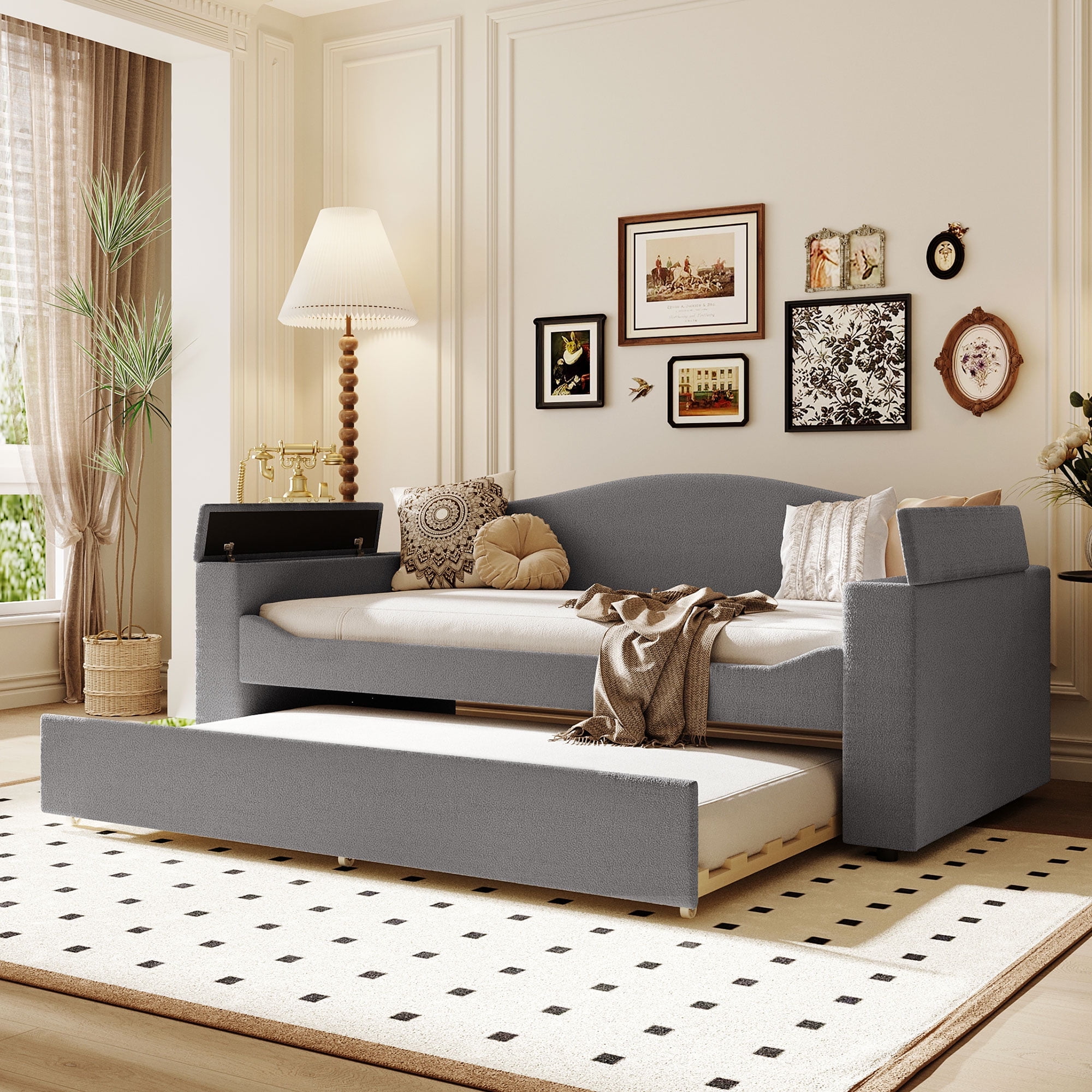 DreamBuck Twin Size Upholstered Daybed with Storage Armrests, Trundle ...
