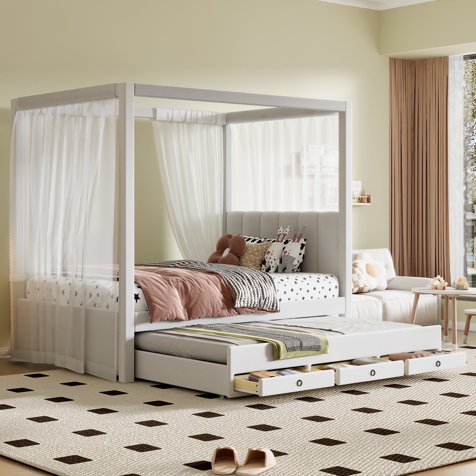 DreamBuck Twin Size Upholstery Canopy Bed with Trundle and 3 Storage ...
