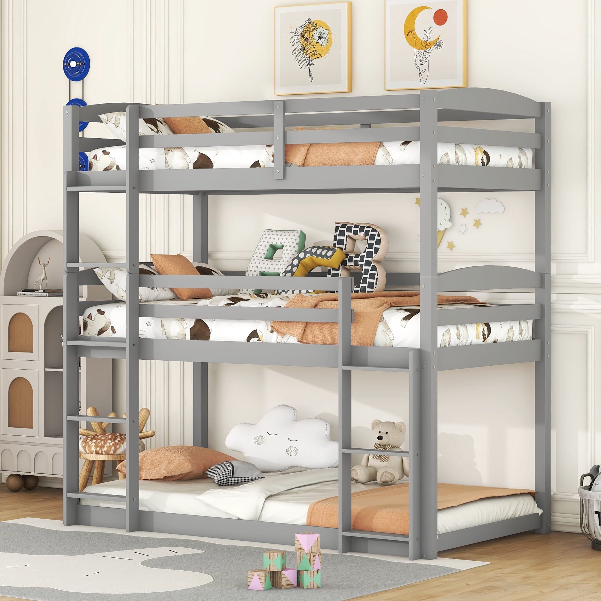 DreamBuck Twin Triple Bunk Bed, Wood Twin Size Triple Bed Frame with ...
