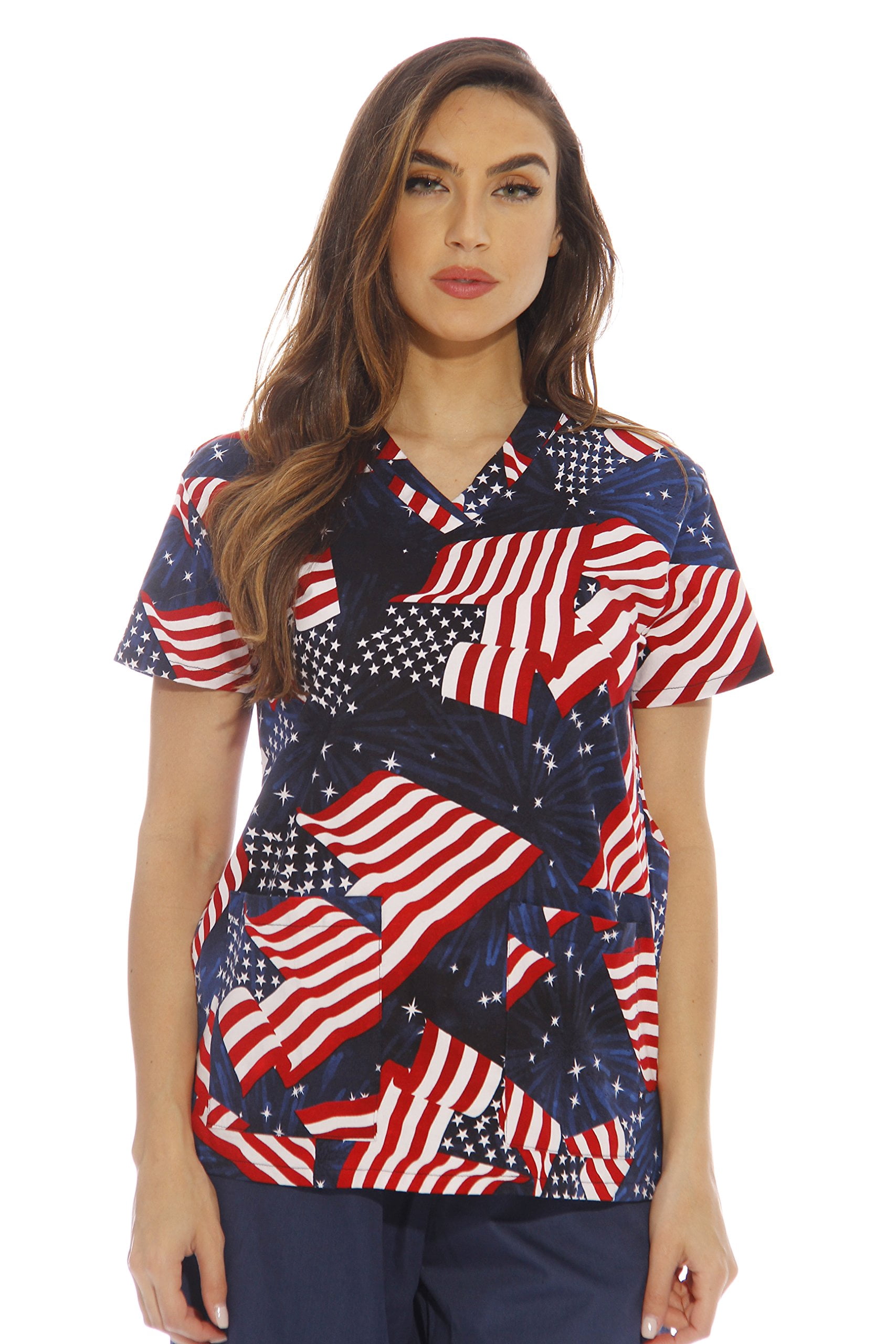 DreamCrest Women's Scrub Tops Holiday Scrubs Nursing Scrubs (Flags, X ...