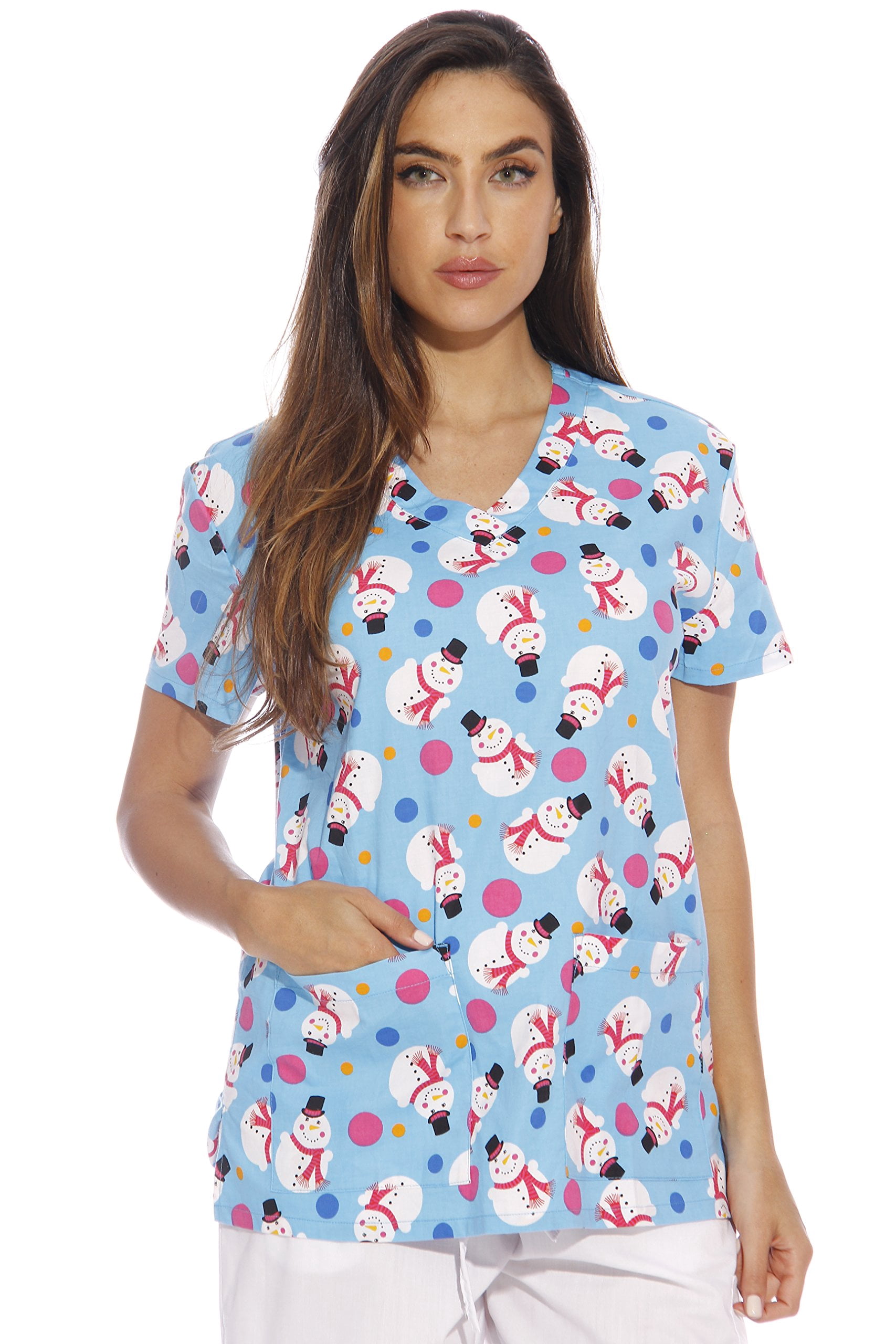 DreamCrest Women's Scrub Tops Holiday Scrubs Nursing Scrubs (Snowman ...