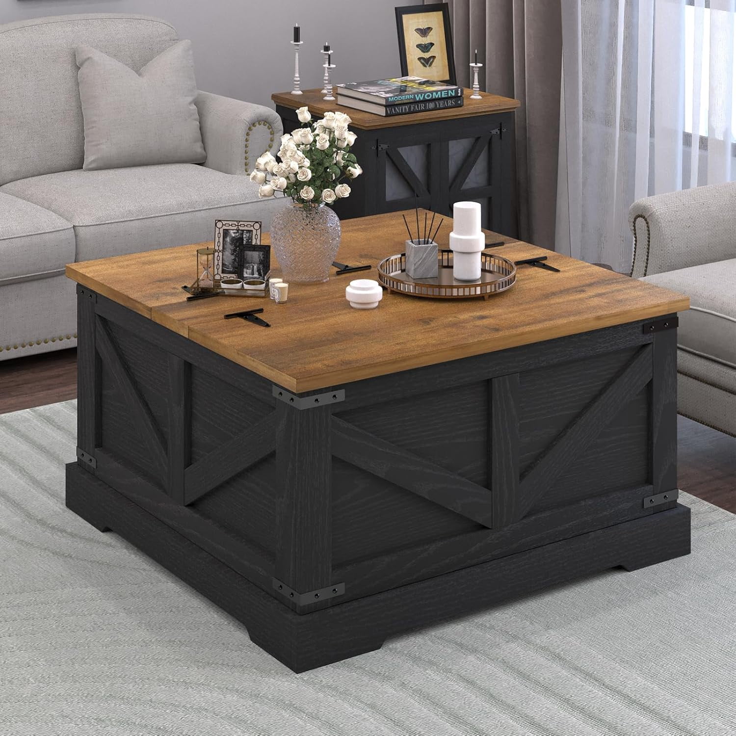 DreamCurship 31" Farmhouse Coffee Table with Storage, Square Large ...