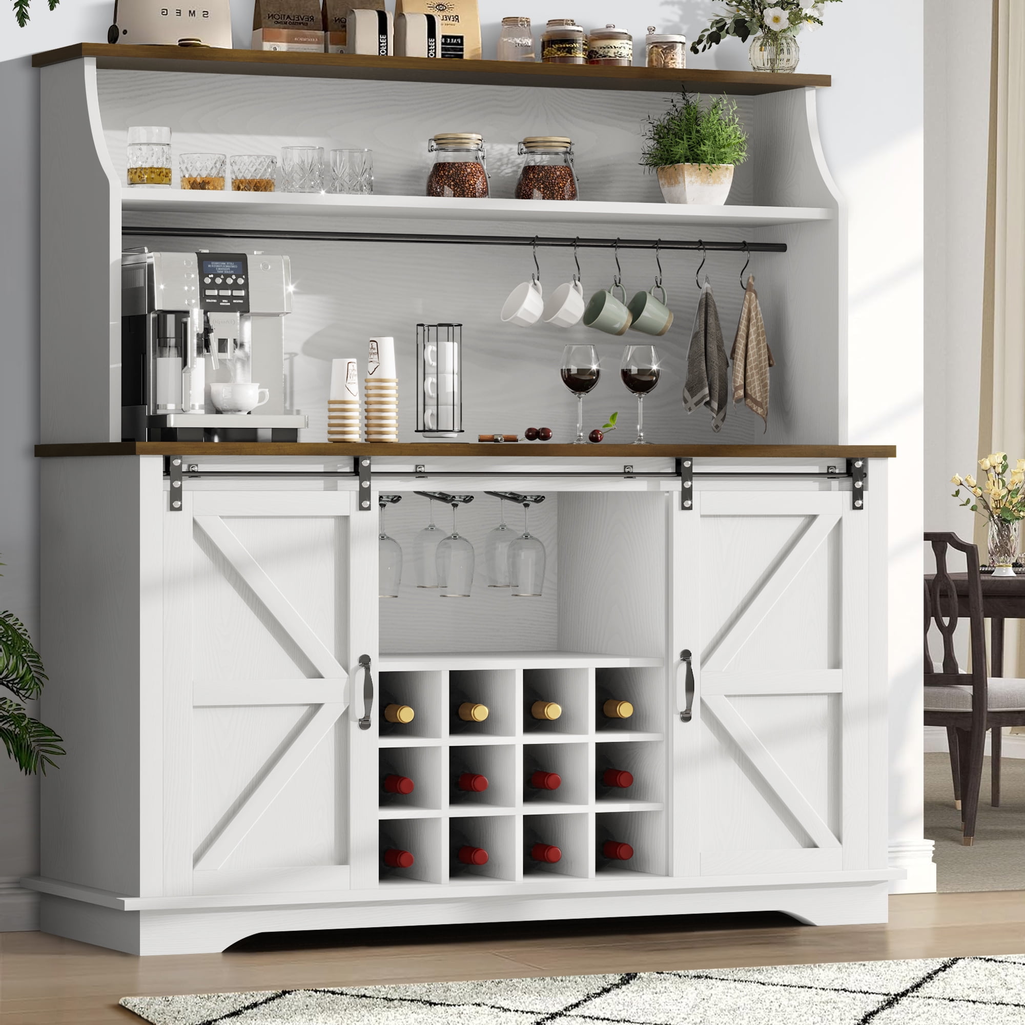DreamCurship Farmhouse Coffee Bar Cabinet, 55 Inch, White, with 3-Tier ...