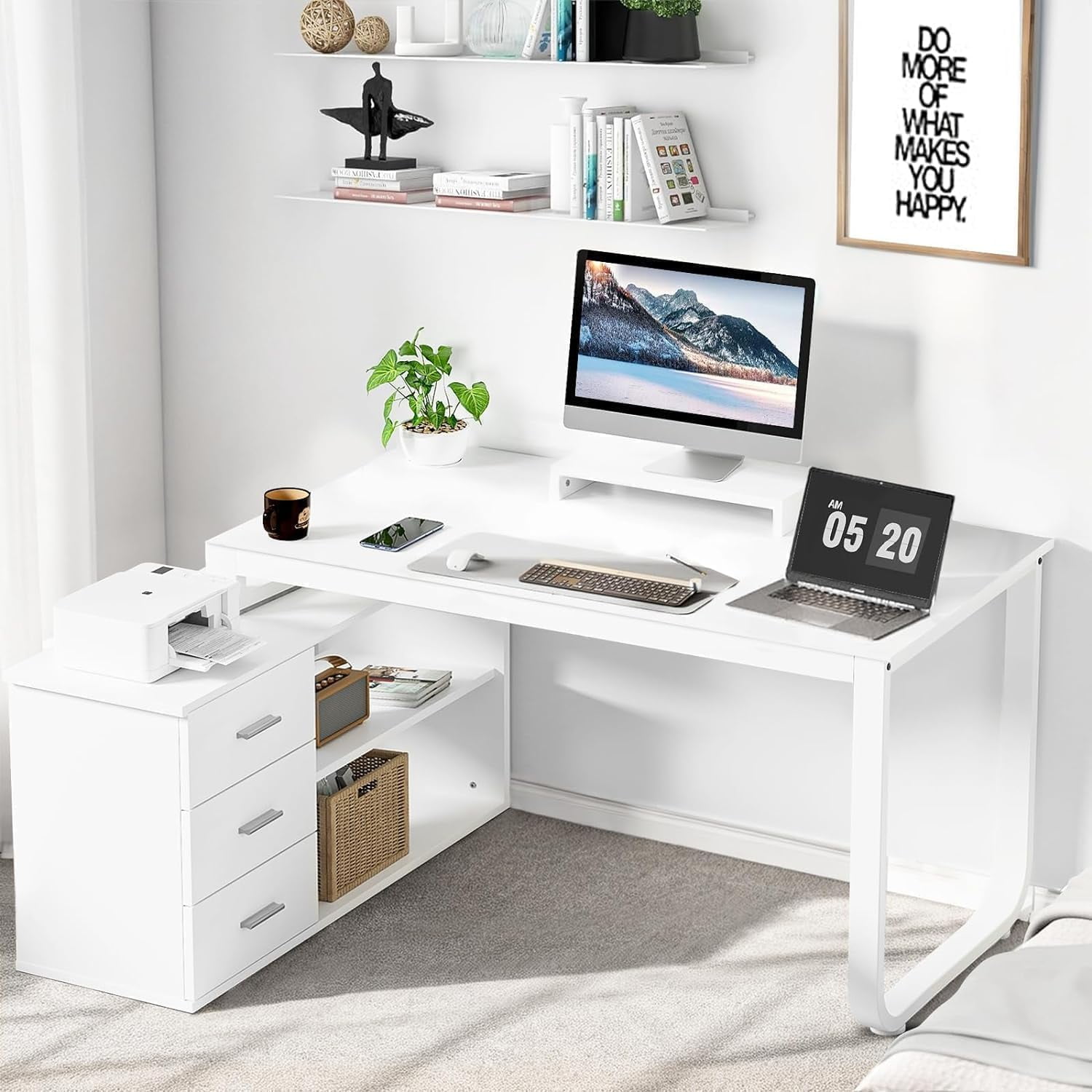 DreamCurship 55 Inch White Reversible L Shaped Desk with 3 Storage ...