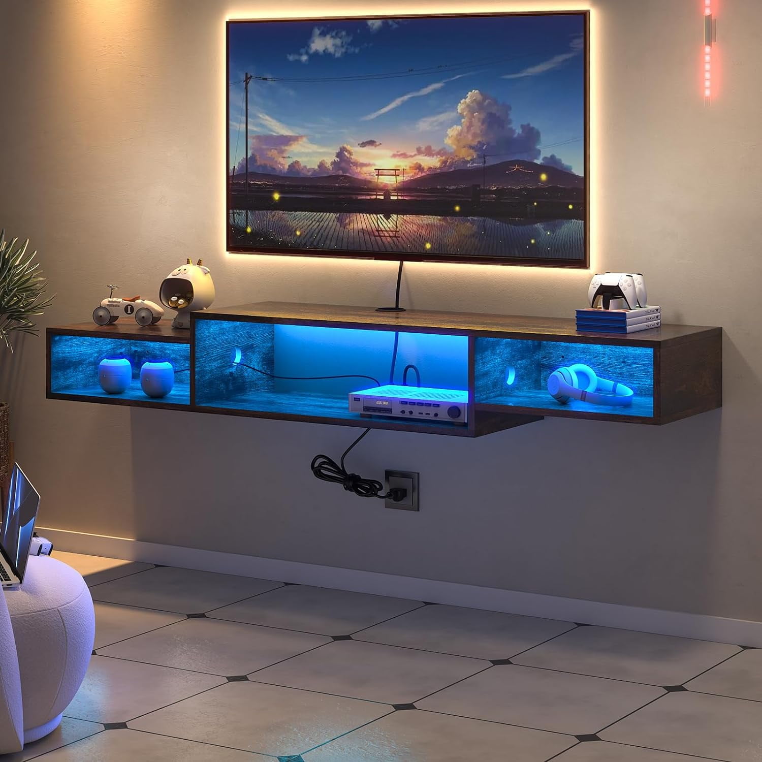 DreamCurship 59" TV Stand, Floating TV Stand with LED Lights & Power ...