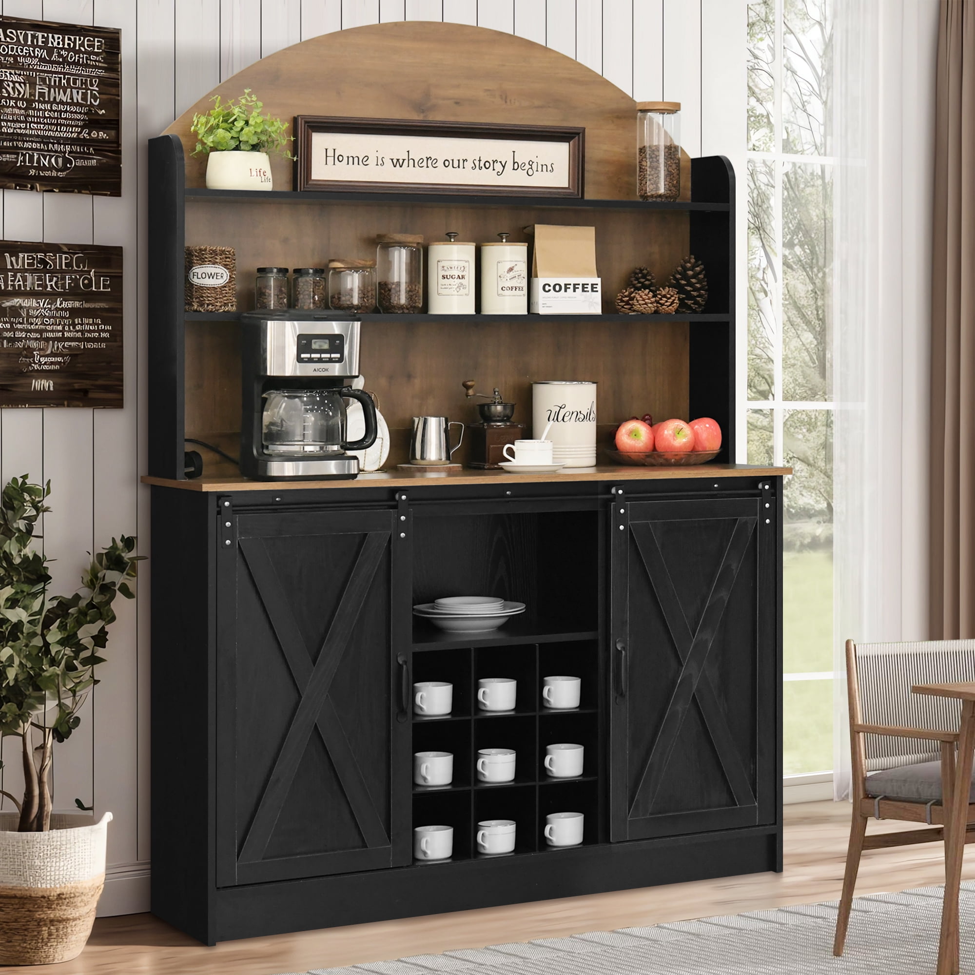 DreamCurship Farmhouse Coffee Bar Cabinet, 67" Kitchen Hutch with 2 ...