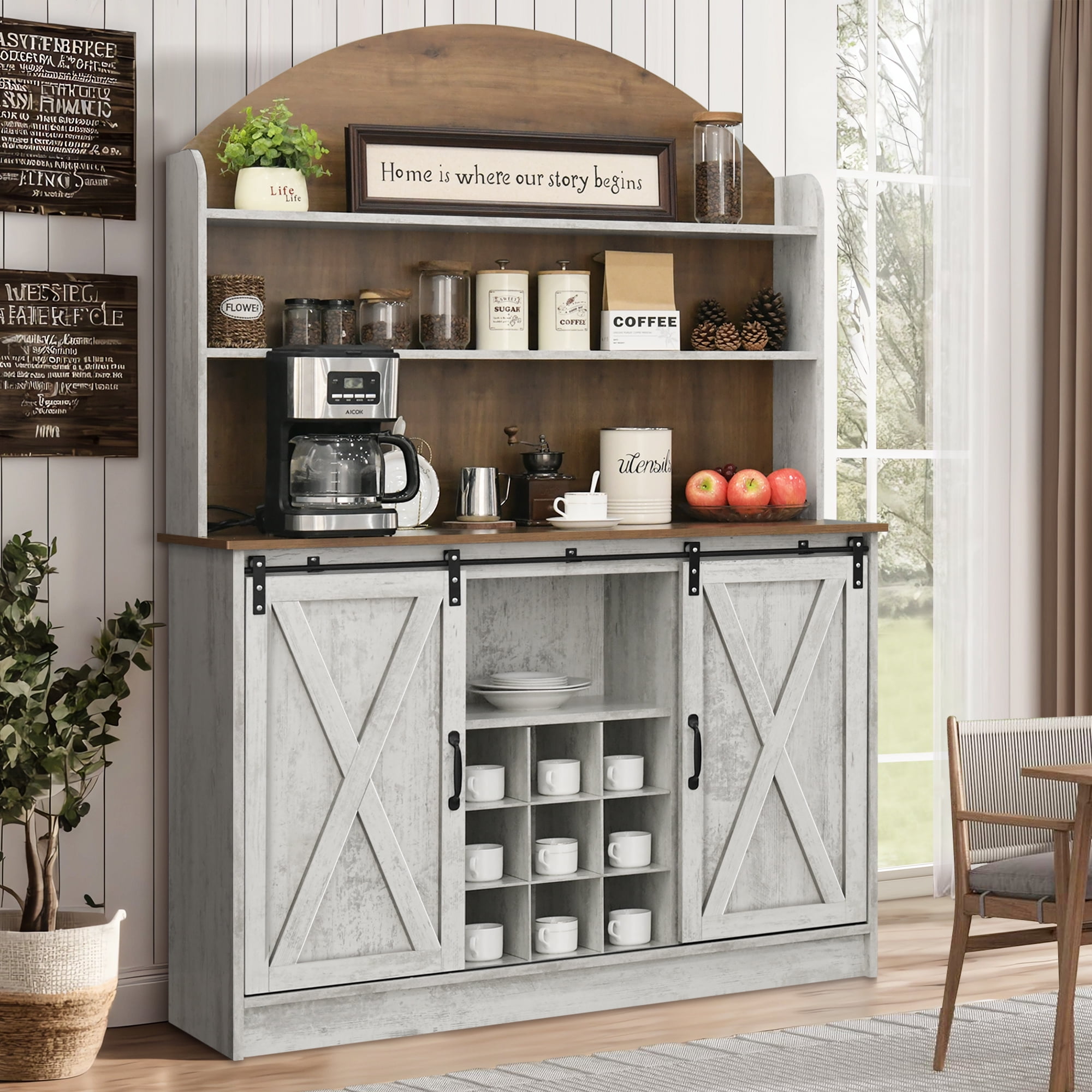 DreamCurship Farmhouse Coffee Bar Cabinet, 67" Kitchen Hutch with 2 ...