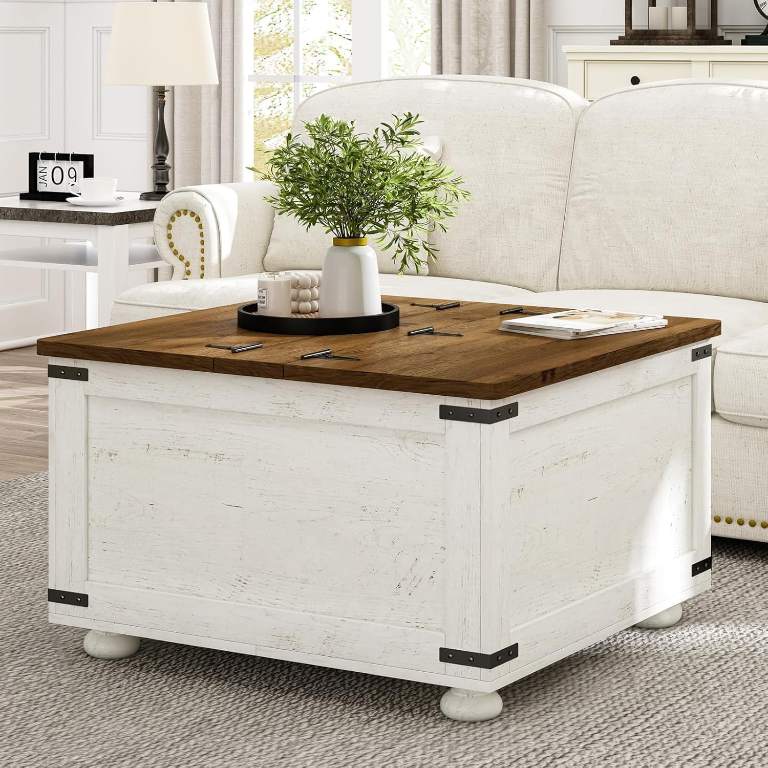 DreamCurship Farmhouse Coffee Table with Storage, Square Wooden Coffee ...