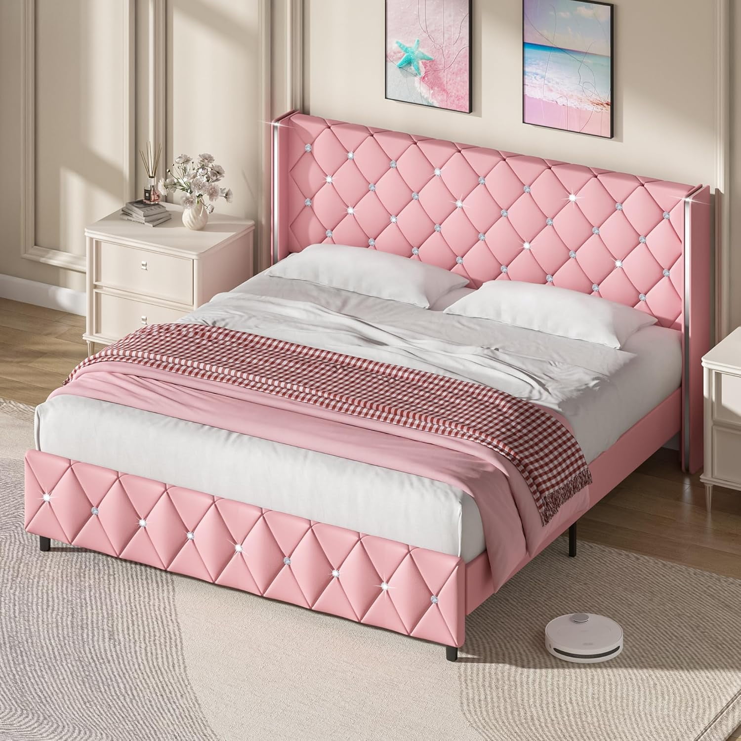 DreamCurship King Size Bed Frame, Pink King Bed Frame with Headboard ...