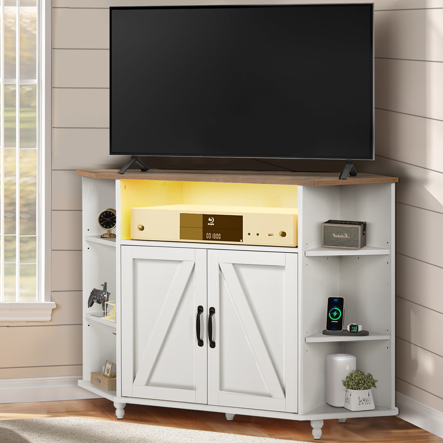 DWVO Farmhouse Corner TV Stand for 50-55 inch TVs, Wood Cabinet with ...