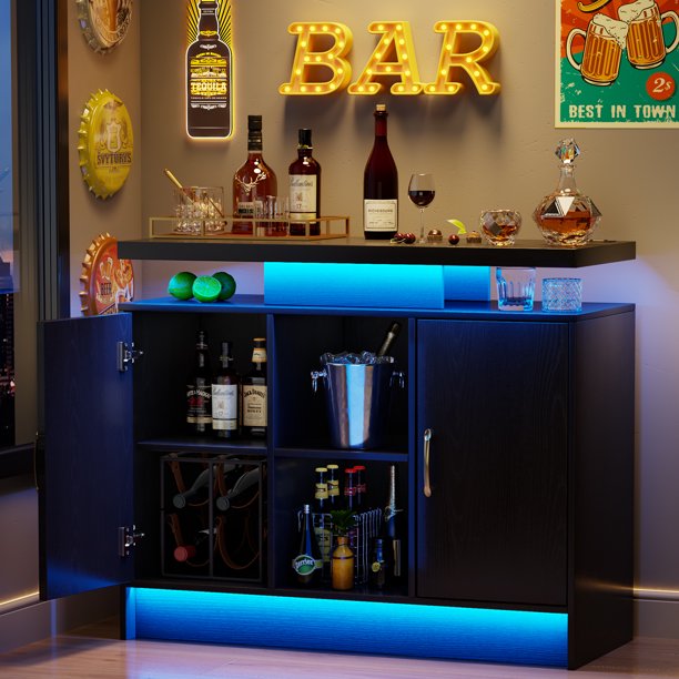 DreamCurship LED Sideboard Buffet Cabinet, Black Wine Bar Cabinet with ...