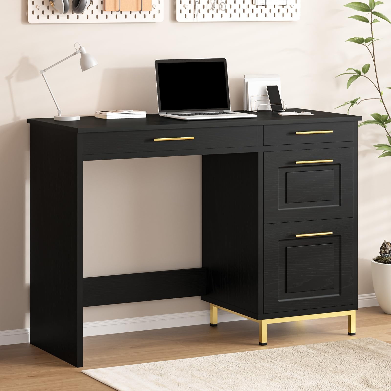 DreamCurship Small Computer Desk with Drawers, Black Desk with Storage ...