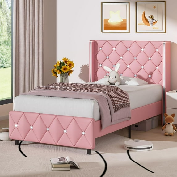 DreamCurship Pink Twin Bed Frame, Modern Velvet Upholstered Bed ...