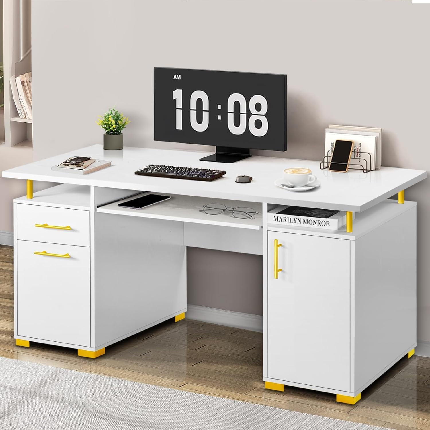 DreamCurship White and Gold Desk with Drawers,White Computer Desk with ...