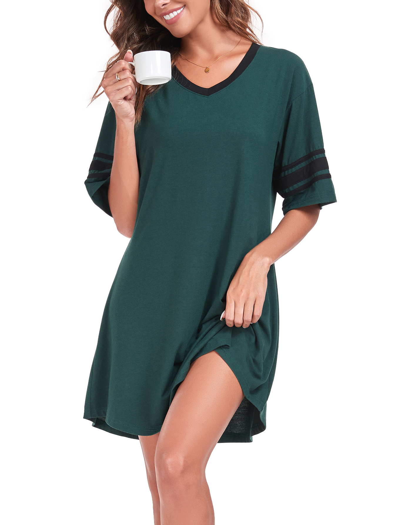Chollius Women's Satin Nightshirt Button Down Nightgown Short Sleeve V ...