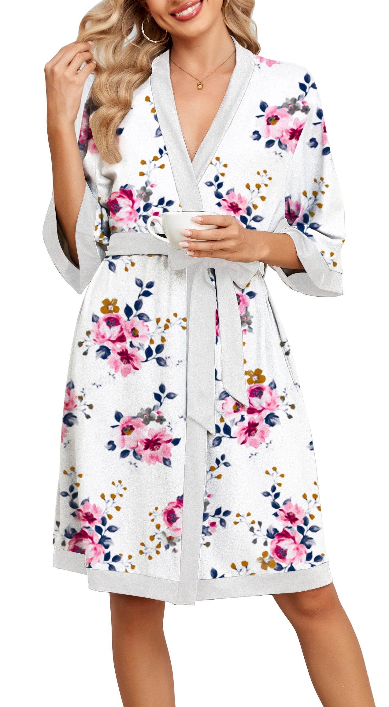 DreamFish Women's Floral Knit Bathrobe Soft Kimono Style Robe Knee ...