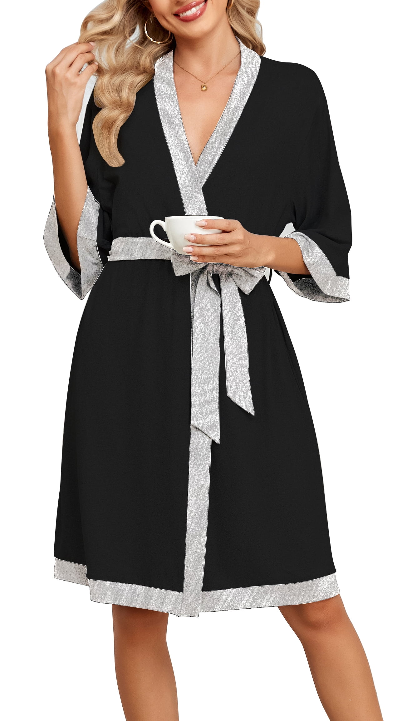 DreamFish Women's Floral Knit Bathrobe Soft Kimono Style Robe Knee ...