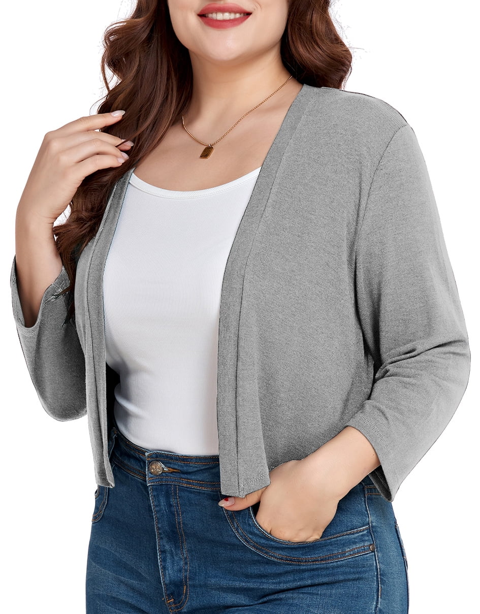 DreamFish Women's Plus Size 3/4 Sleeve Cropped Cardigans Open Front ...
