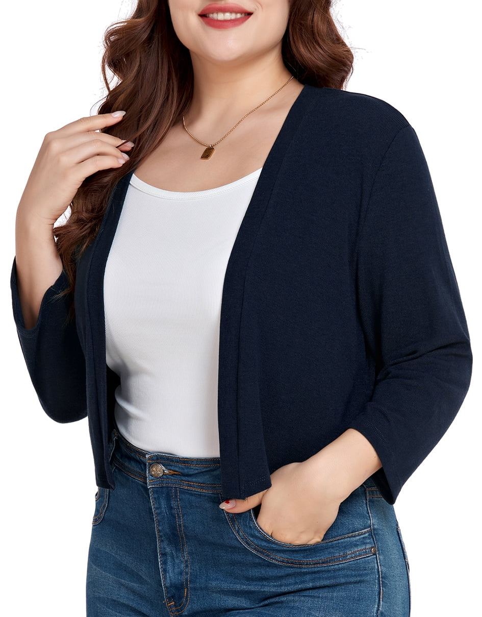 DreamFish Women's Plus Size 3/4 Sleeve Shrug Cardigan, Cropped Open ...
