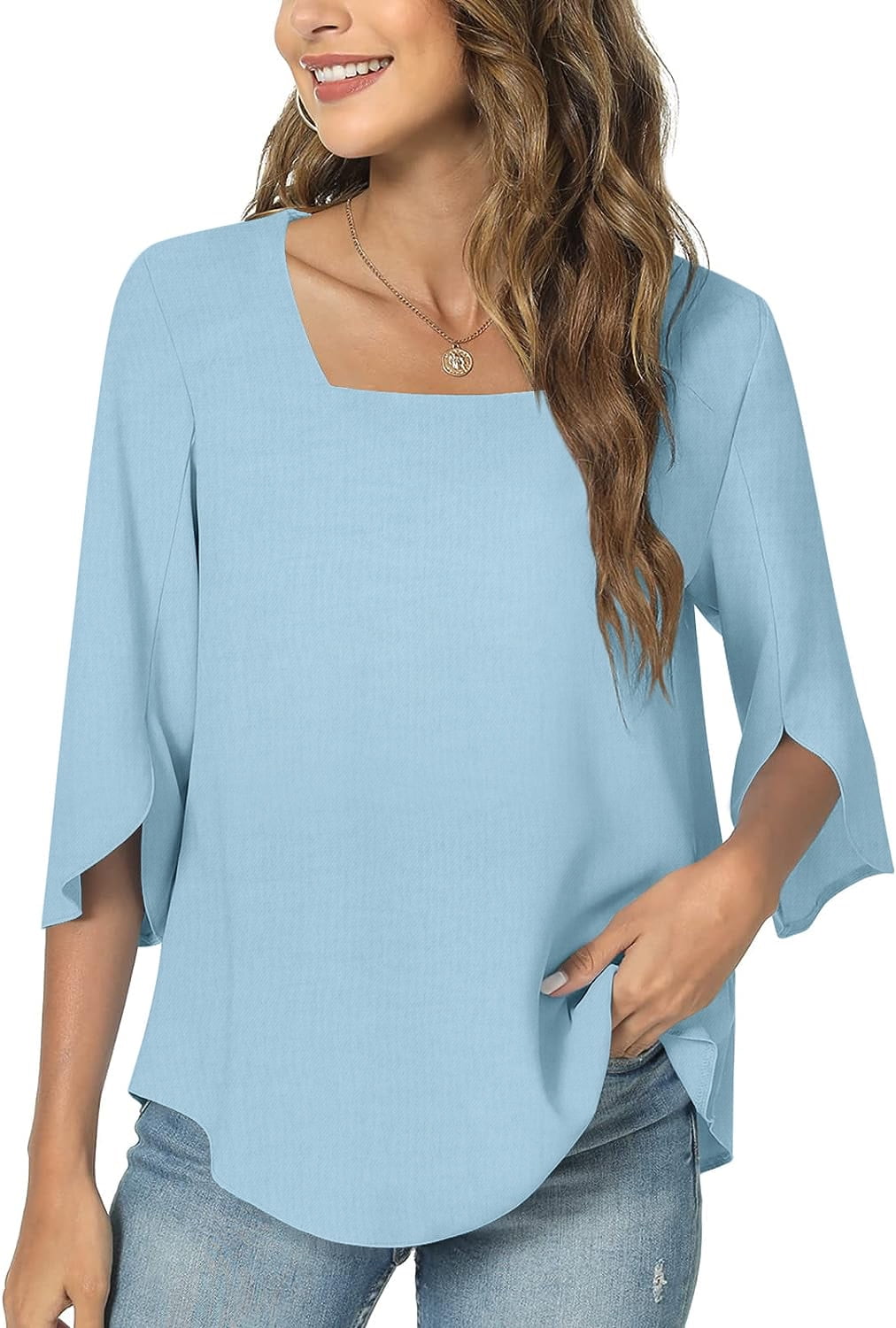 DreamFish Women's Square Neck Tops Half Ruffle Split Sleeve Curved Hem ...