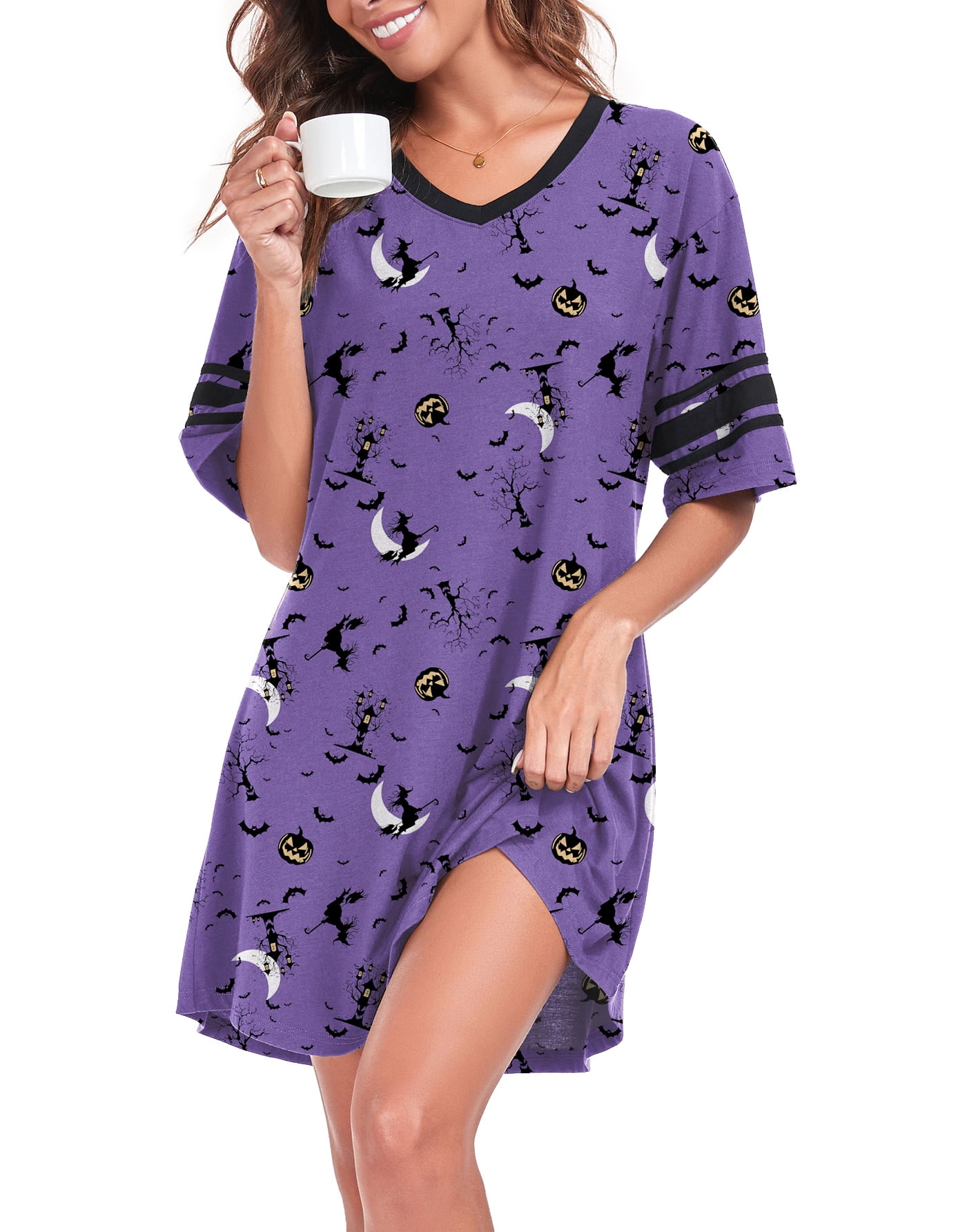 DreamFish Womens Nightgown Short Sleeve Sleepshirt V Neck Sleepwear ...