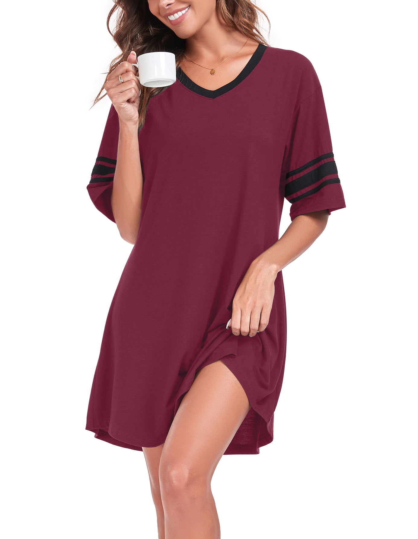 DreamFish Women's V Neck Short Sleeve Sleepshirt - Casual Loungewear ...
