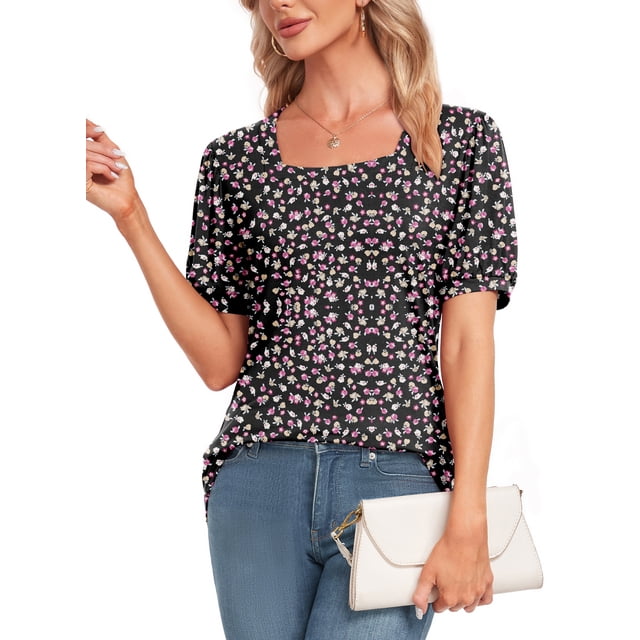 DreamFish Womens Summer Tops Casual Tunic Square Neck Puff Sleeve Tops ...