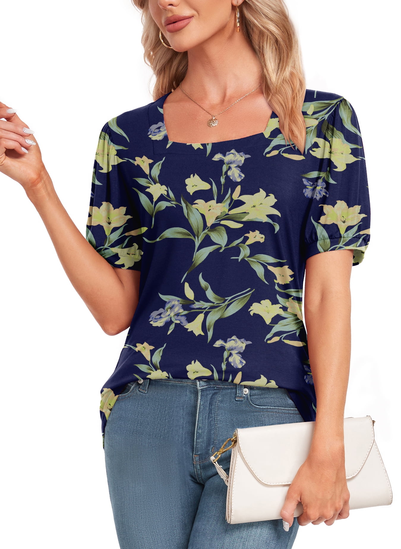 DreamFish Womens Summer Tops Casual Tunic Square Neck Puff Sleeve Tops ...