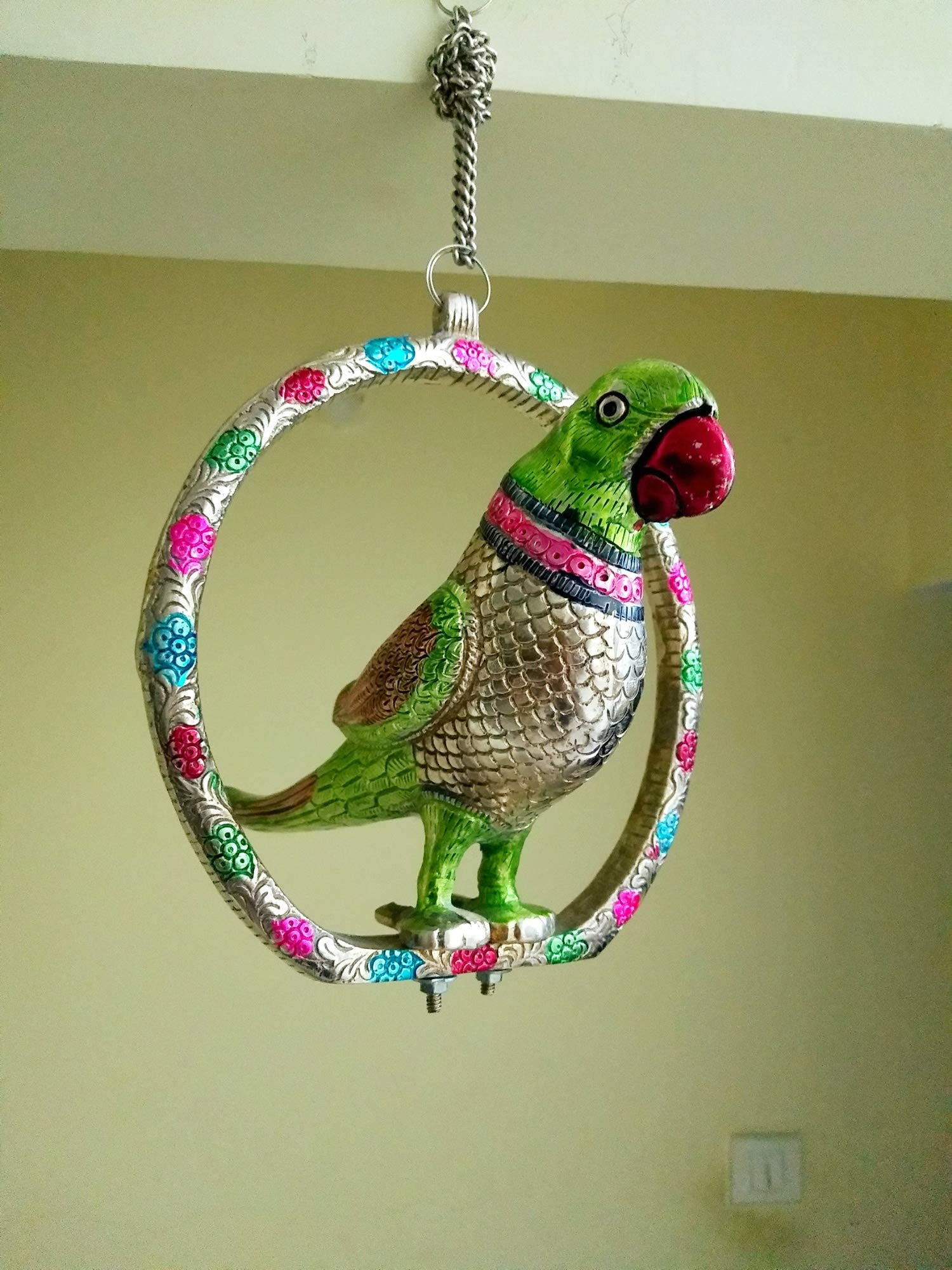 DreamKraft Metal Silver and Green Color Parrot in Ring Hanging for Home ...