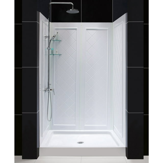 DreamLine 32 in. D x 48 in. W x 76 3/4 in. H Center Drain Acrylic Shower Base and QWALL-5 ...