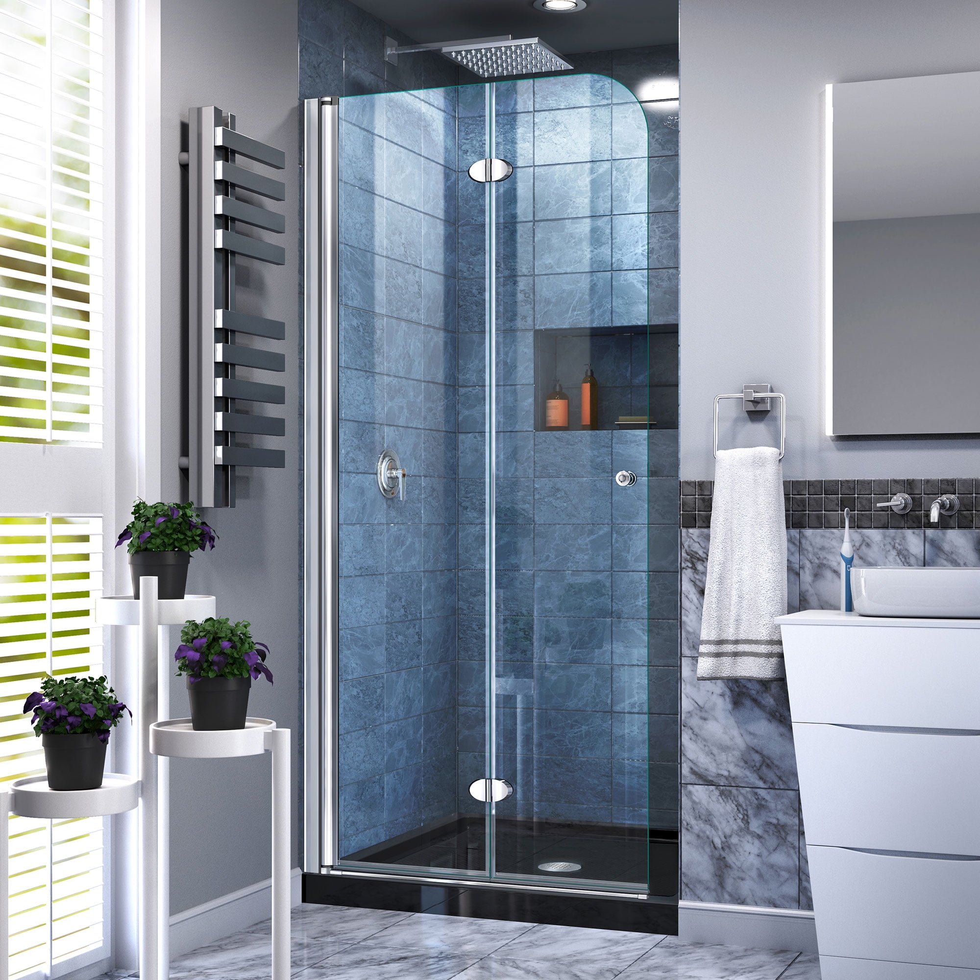 DreamLine Aqua Fold 32 in. D x 32 in. W x 74 3/4 in. H Frameless Bi-Fold Shower Door in Chrome ...