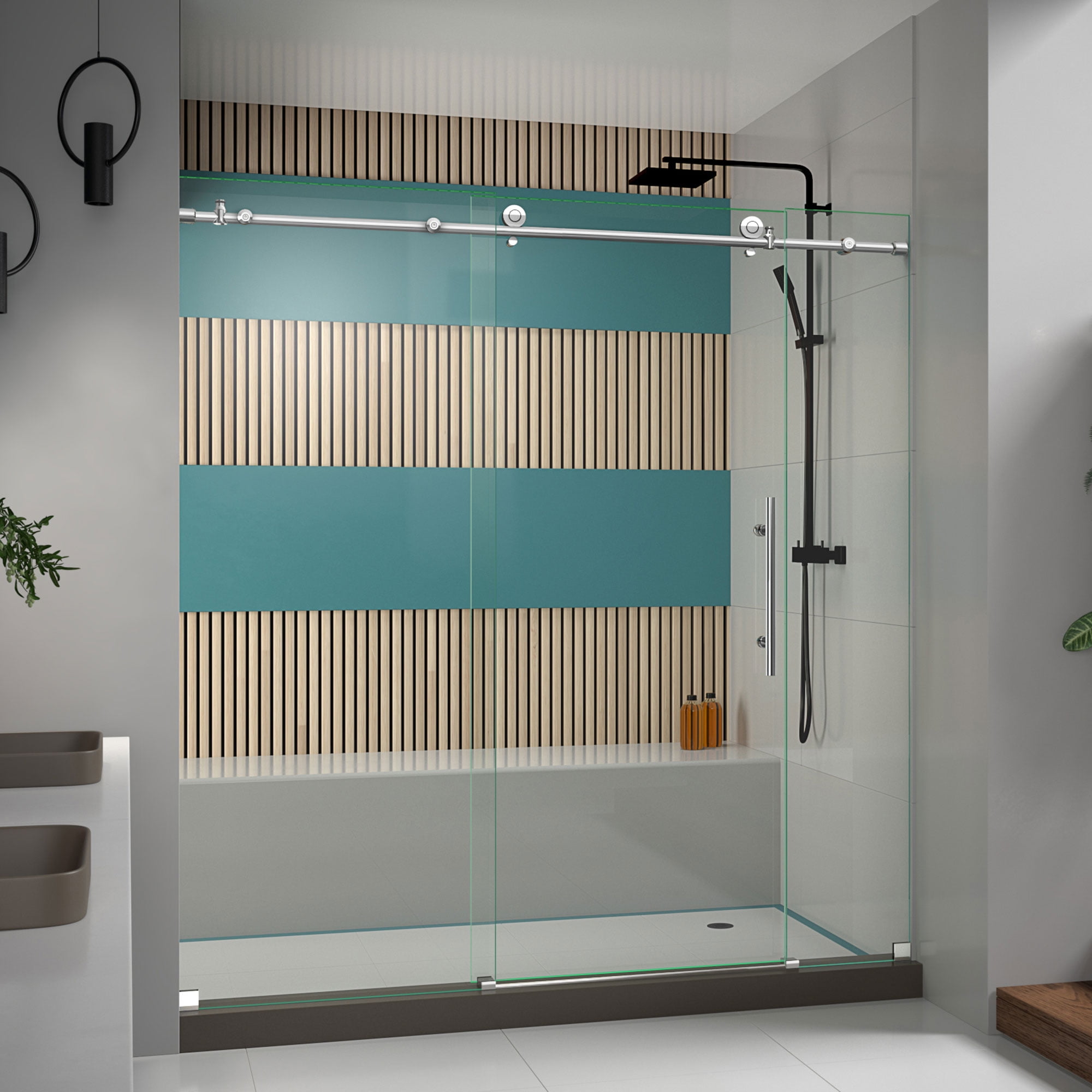 DreamLine Enigma-X 68-72 in. W x 76 in. H Fully Frameless Sliding Shower Door in Polished ...