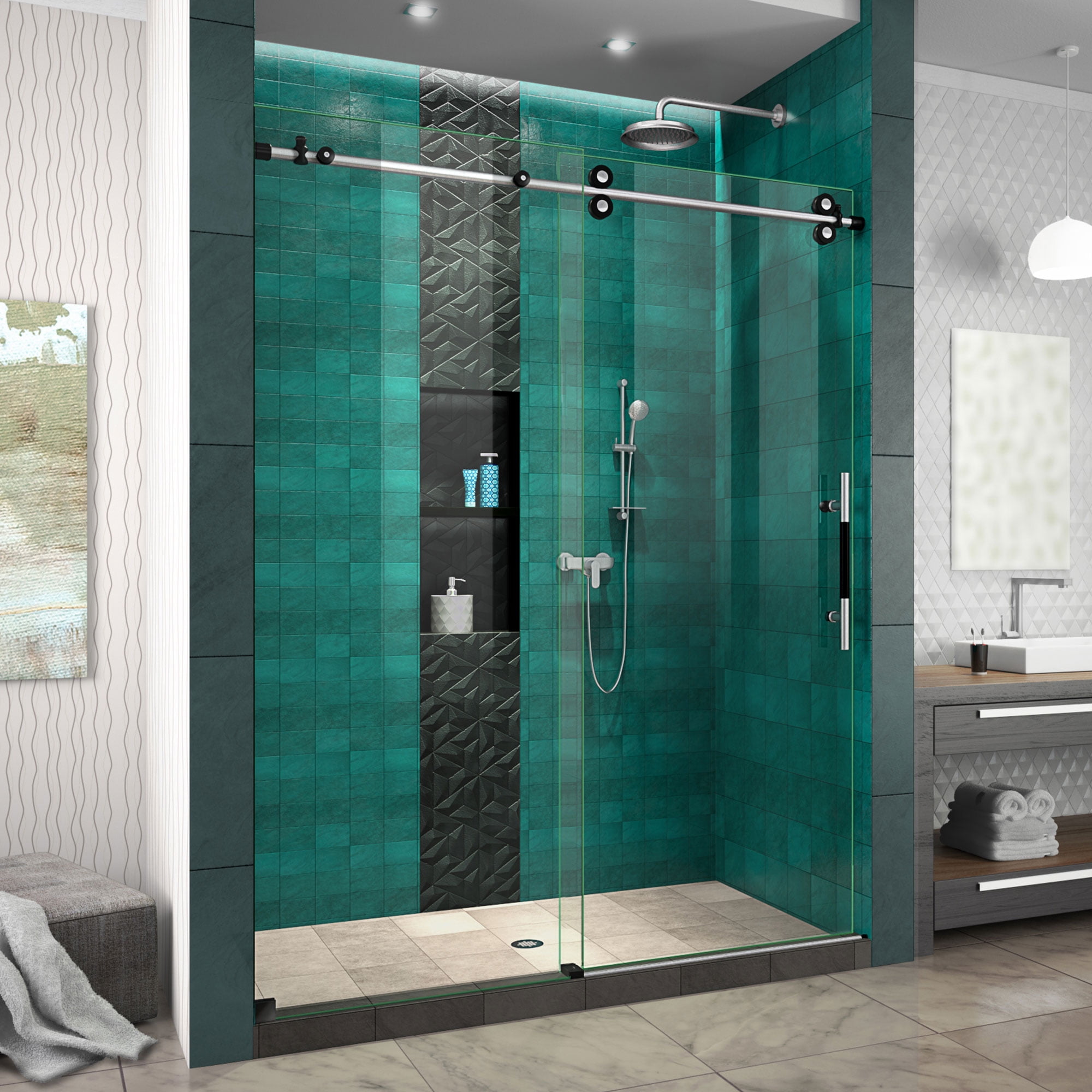 DreamLine Enigma-XO 56-60 in. W x 76 in. H Frameless Clear Glass Sliding Shower Door in Brushed ...