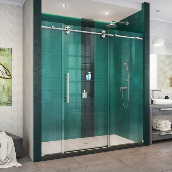 DreamLine Enigma-XO 68-72 in. W x 76 in. H Fully Frameless Sliding Shower Door in Brushed ...