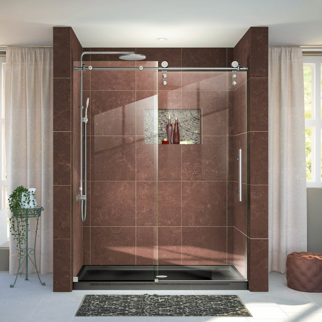 DreamLine Enigma-Z 56-60 in. W x 76 in. H Fully Frameless Sliding Shower Door in Brushed ...