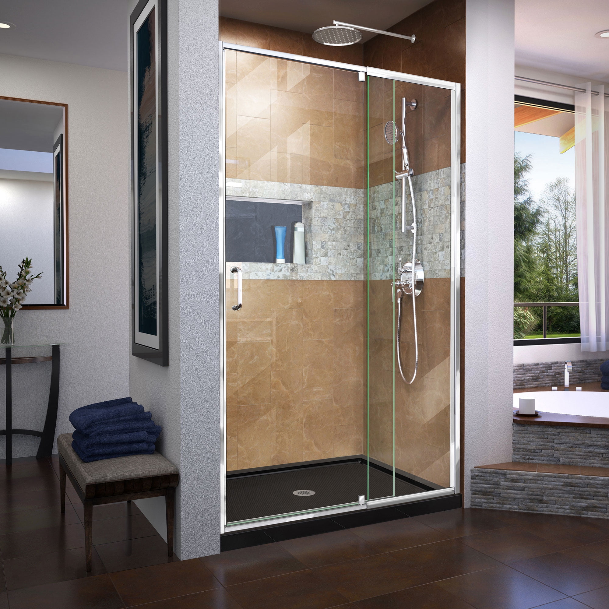 DreamLine Flex 32 in. D x 42 in. W x 74 3/4 in. H Semi-Frameless Pivot Shower Door in Chrome ...