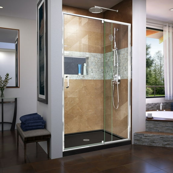 DreamLine Flex 32 in. D x 42 in. W x 74 3/4 in. H Semi-Frameless Pivot Shower Door in Chrome ...