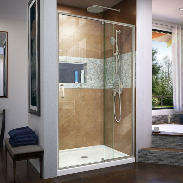 DreamLine Flex 32 in. D x 42 in. W x 74 3/4 in. H Semi-Frameless Shower Door in Brushed Nickel ...