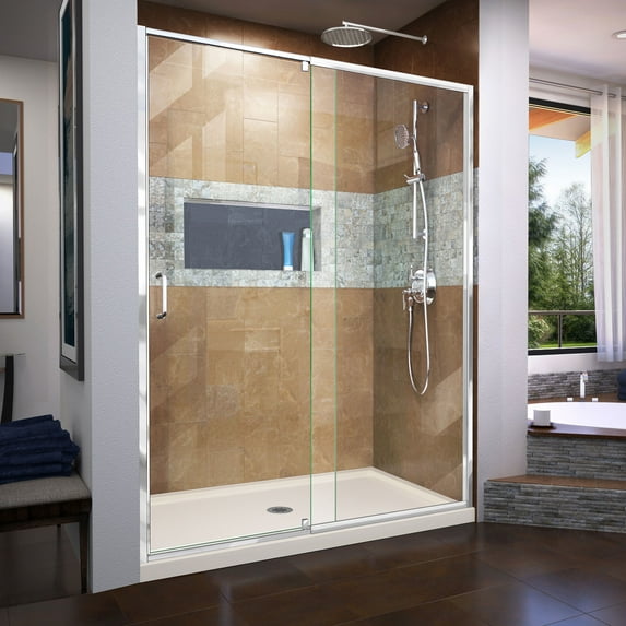 DreamLine Flex 32 in. D x 60 in. W x 74 3/4 in. H Semi-Frameless Pivot Shower Door in Chrome ...
