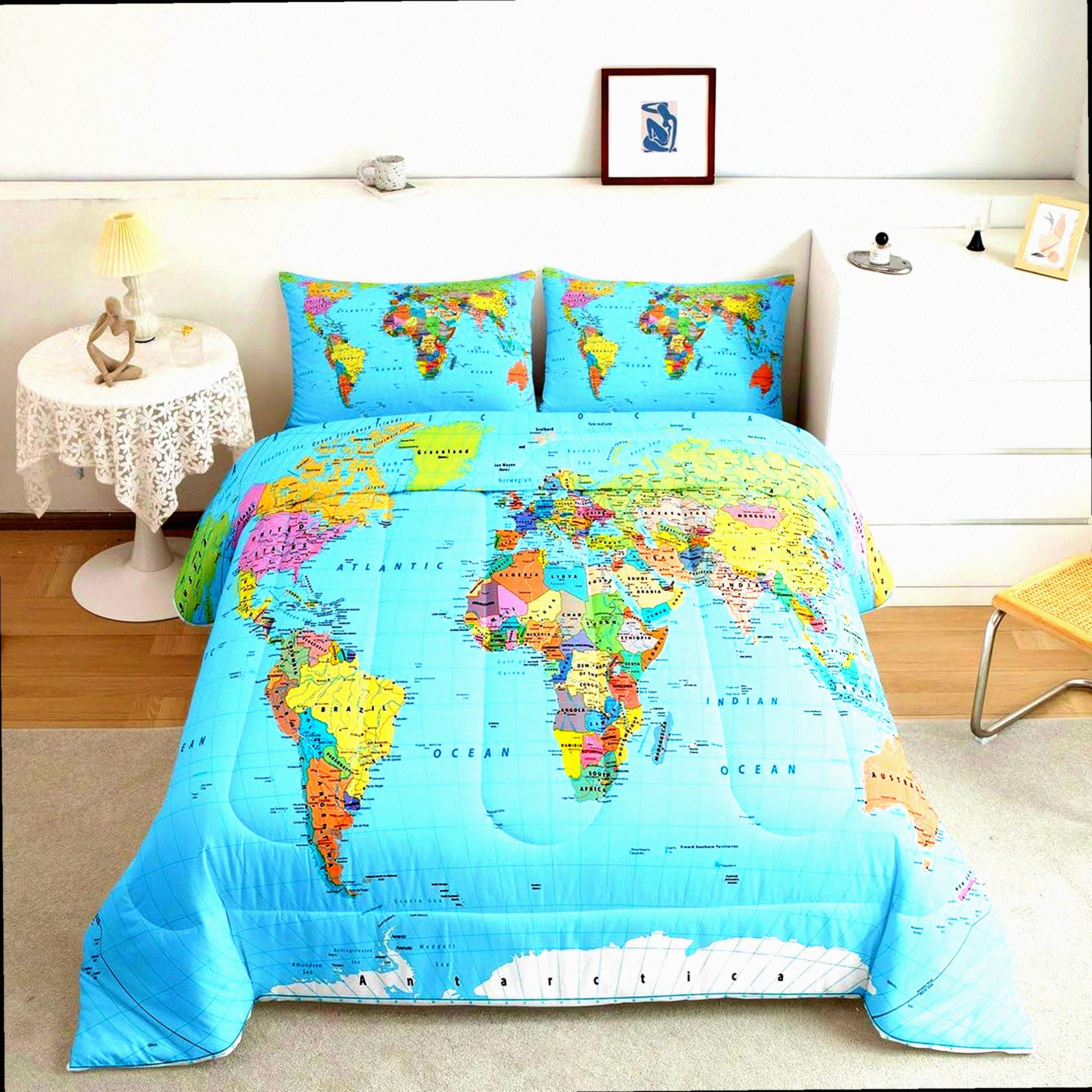 DreamMap Comforter Set - Twin Size 3D World Map Bedding with Blue Ocean Design, Europe Asia ...