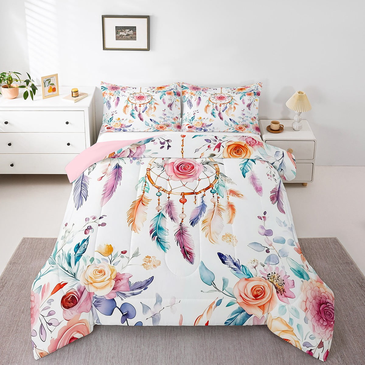 Dreamcatcher Bedding Set Twin,Boho Dream Catcher Rose Flowers Comforter ...