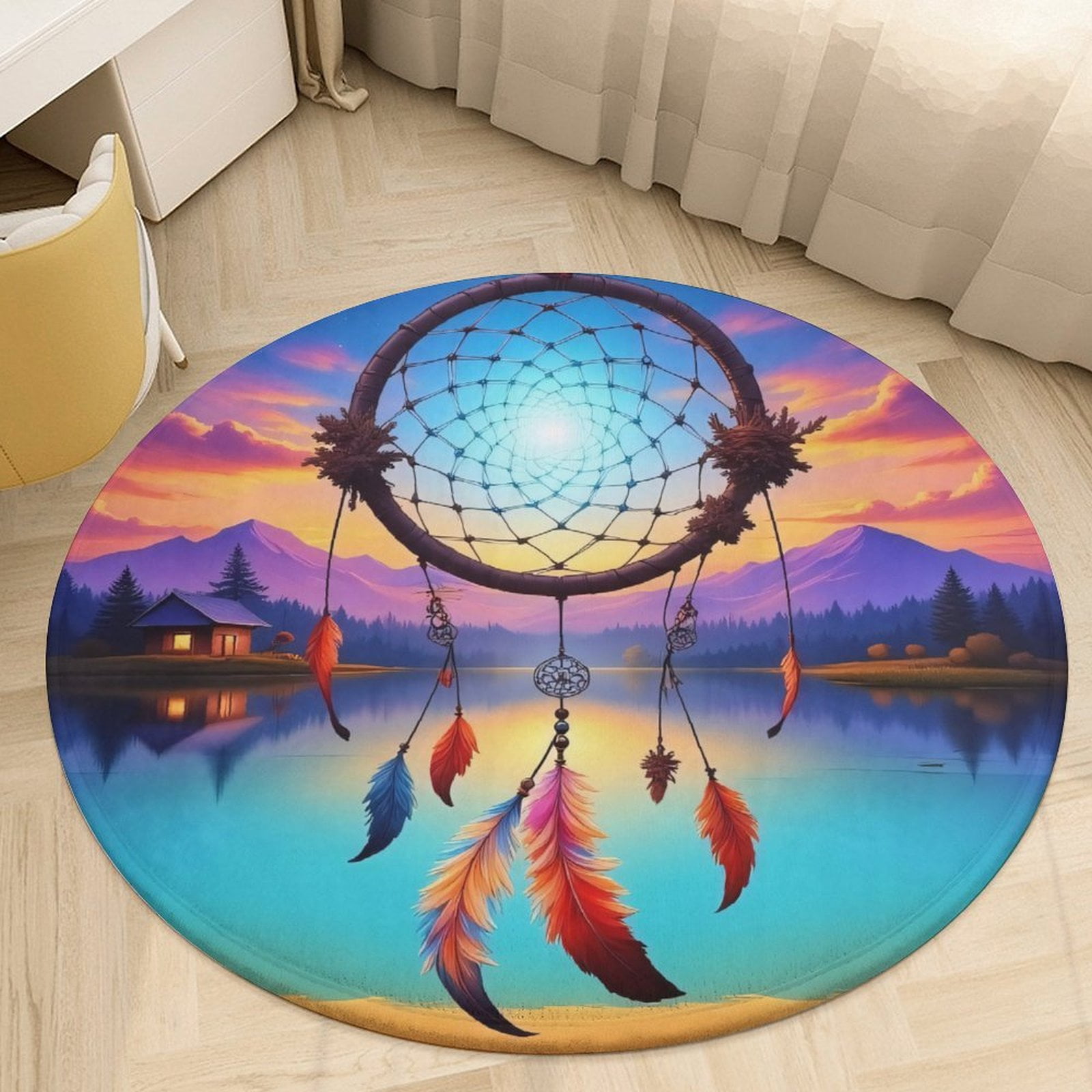 Dreamcatcher Sunset Lake Cabin Round Area Rugs for Bedroom Living Room ...