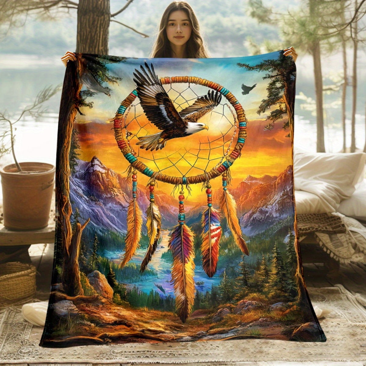 Dreamcatcher Tribal Bohemian Throw Blanket - Lightweight Flannel Sofa ...