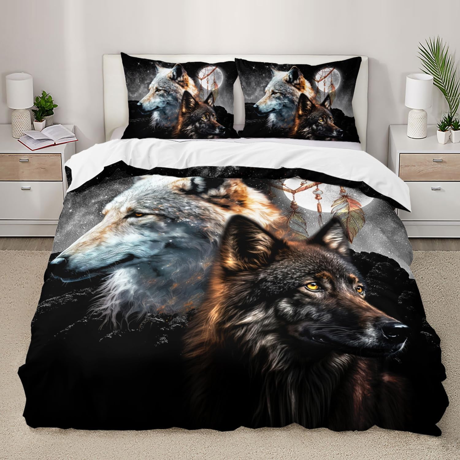 Dreamcatcher Wolf Duvet Cover Set , Galaxy Starry Moon Wolf Bedding Set ...