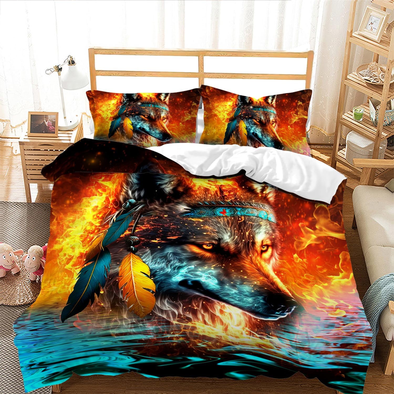 Dreamcatcher Wolf Duvet Cover Set,Wild Animal Flaming Wolf Bedding Set ...